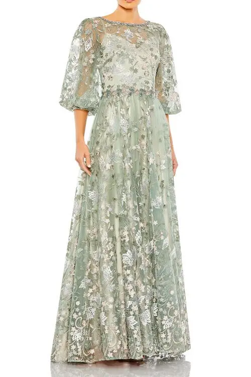Mac Duggal Embroidered High Neck A-line Gown With 3/4 Puff Sleeves - Pastel Multi