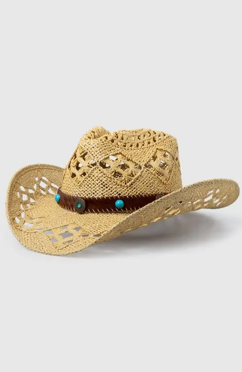 MANELA Twister Ranch Handwoven Straw Sun Hat - Ochre/turquoise