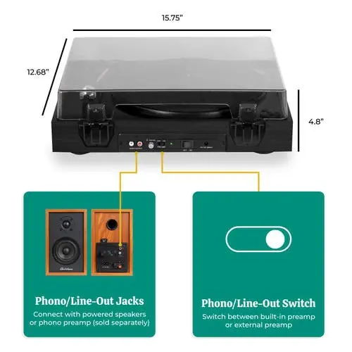 ELECTROHOME Vinyl Record Player Belt-drive Turntable, Built-in Preamp - Black