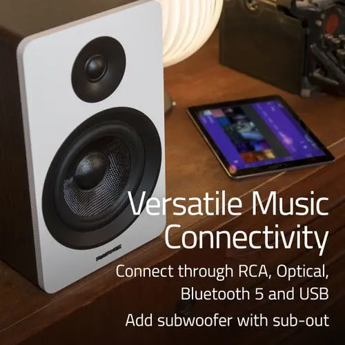 FLUANCE Powered 6.5 Stereo Bookshelf Speakers For Turntable - White Walnut
