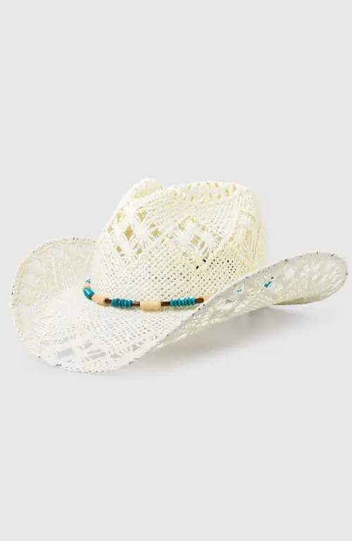 MANELA Twister Star Handwoven Straw Cowboy Hat - White/turquoise