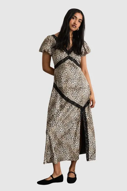 WAREHOUSE Printed Puff Sleeve Midi Dress - Animal