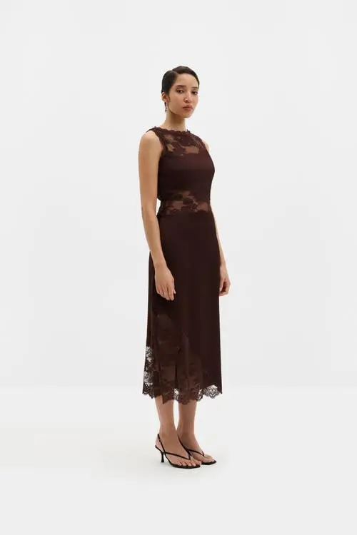 MALINA Desire Lace Trimmed Cut Out Midi Dress - Espresso