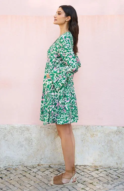 YUMI Ikat Print 3/4 Sleeve Tunic Dress - Green