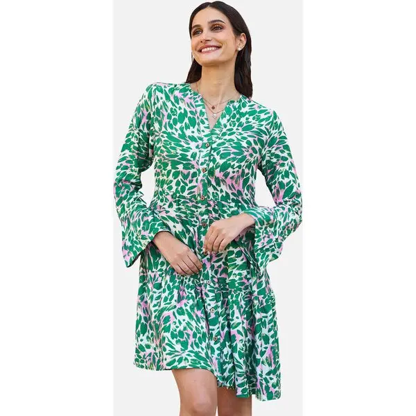 YUMI Ikat Print 3/4 Sleeve Tunic Dress - Green