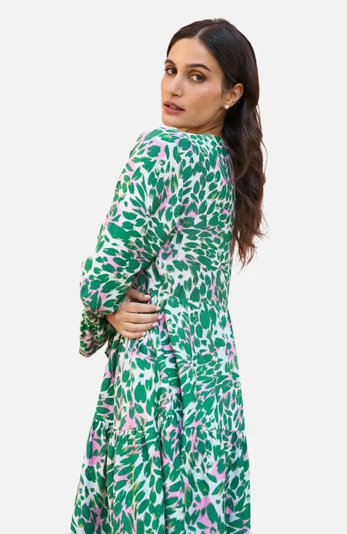 YUMI Ikat Print 3/4 Sleeve Tunic Dress - Green
