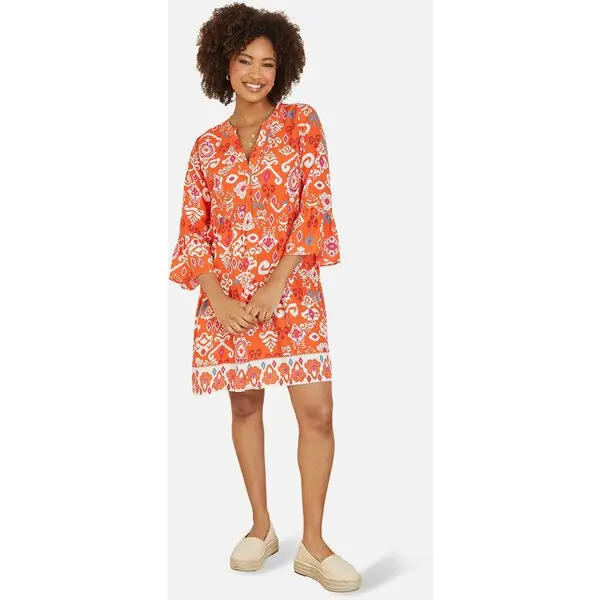 YUMI Flared Ikat Print 3/4 Sleeve Tunic Dress - Orange