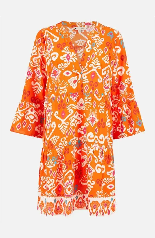 YUMI Flared Ikat Print 3/4 Sleeve Tunic Dress
