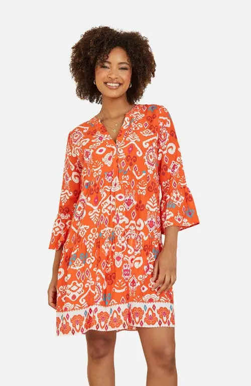 YUMI Flared Ikat Print 3/4 Sleeve Tunic Dress