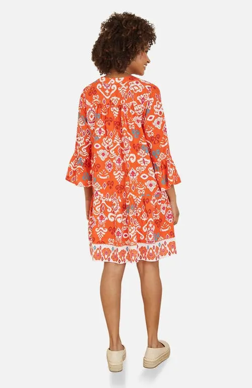 YUMI Flared Ikat Print 3/4 Sleeve Tunic Dress