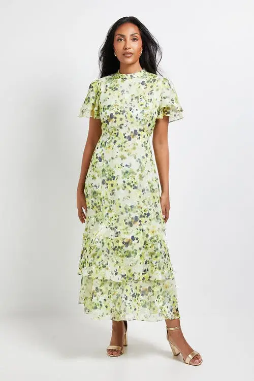 WALLIS Petite Floral Burnout Ruffle Midi Dress - Yellow
