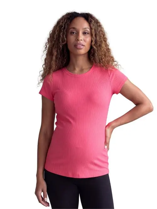 24SEVEN COMFORT APPAREL Maternity Ribbed Knit Round Neck Short Sleeve Top - Coral