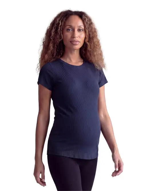 24SEVEN COMFORT APPAREL Maternity Ribbed Knit Round Neck Short Sleeve Top - Navy