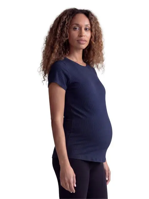 24SEVEN COMFORT APPAREL Maternity Ribbed Knit Round Neck Short Sleeve Top - Navy