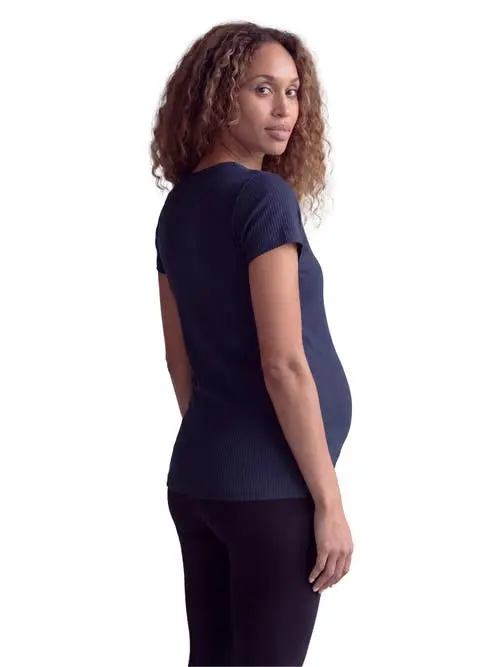 24SEVEN COMFORT APPAREL Maternity Ribbed Knit Round Neck Short Sleeve Top - Navy
