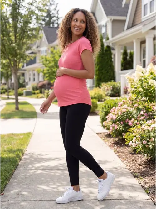 24SEVEN COMFORT APPAREL Maternity Ribbed Knit Round Neck Short Sleeve Top - Navy