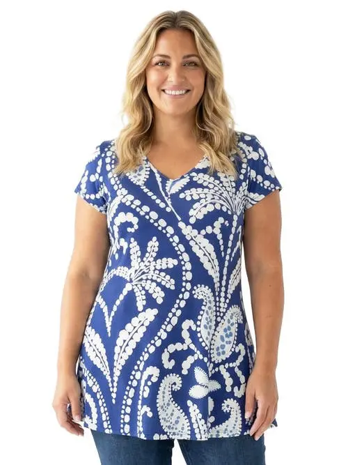 24SEVEN COMFORT APPAREL Curvy Basic Paisley Print V-neck Short Sleeve Flared Tunic Top - Blue Multi