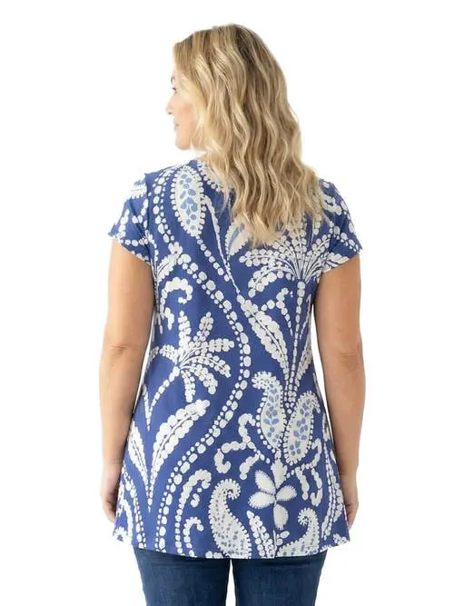 24SEVEN COMFORT APPAREL Paisley Print V-neck Short Sleeve Flared Tunic Top