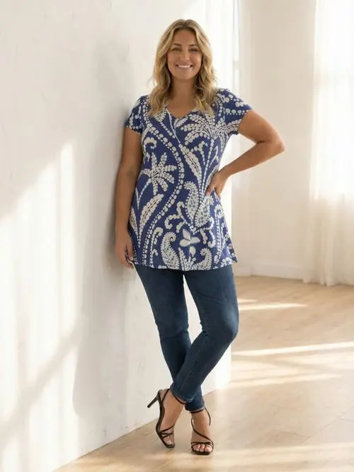 24SEVEN COMFORT APPAREL Paisley Print V-neck Short Sleeve Flared Tunic Top