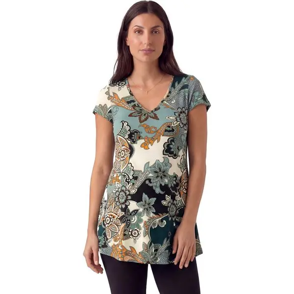 24SEVEN COMFORT APPAREL Maternity Basic Floral Print V-neck Short Sleeve Flared Tunic Top - Green Multi