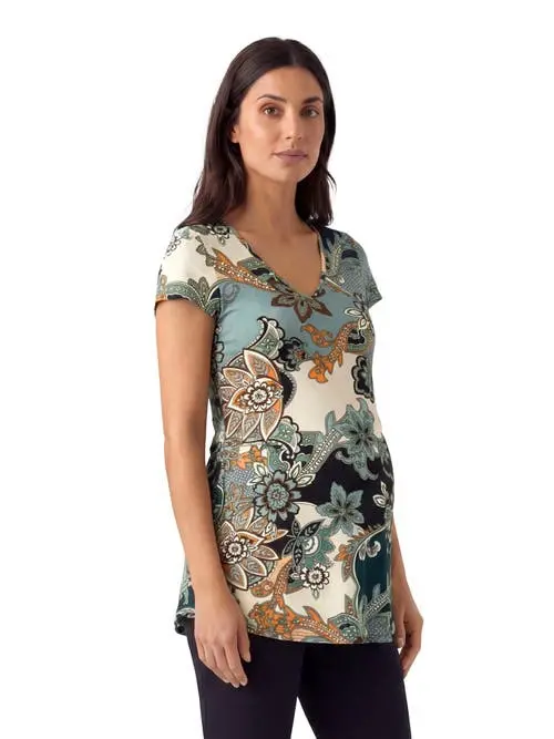 24SEVEN COMFORT APPAREL Maternity Floral Print V-neck Short Sleeve Tunic Top