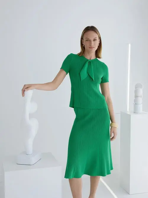 Misook Ribbed Knit Top With Faux Tie Neck