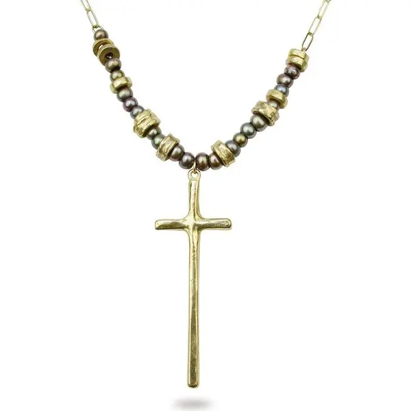 COLLECTION 1304 Grounded Cross Necklace With Pearls And Beads - Bronze