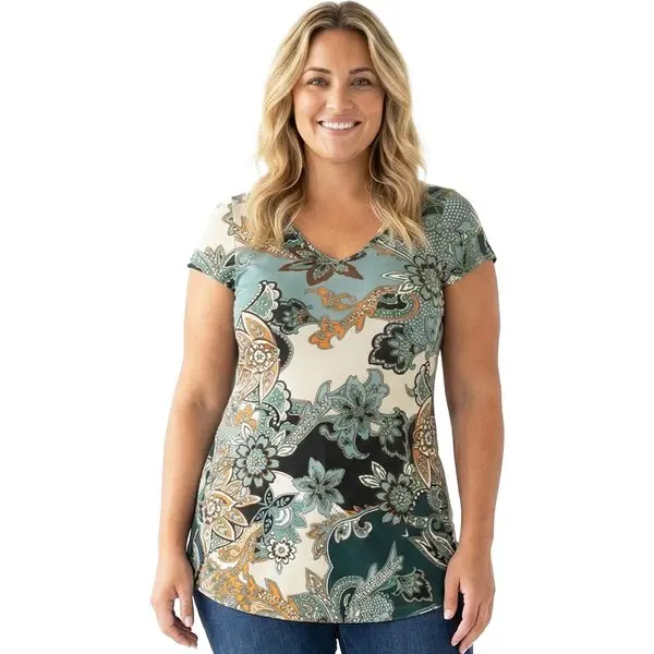 24SEVEN COMFORT APPAREL Curvy Basic Floral Print V-neck Short Sleeve Flared Tunic Top - Green Multi