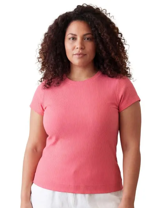 24SEVEN COMFORT APPAREL Ribbed Knit Round Neck Short Sleeve Top - Coral