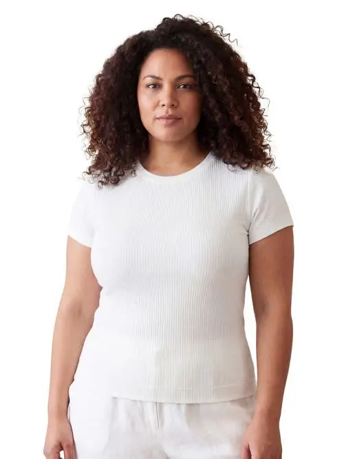 24SEVEN COMFORT APPAREL Ribbed Knit Round Neck Short Sleeve Top - White