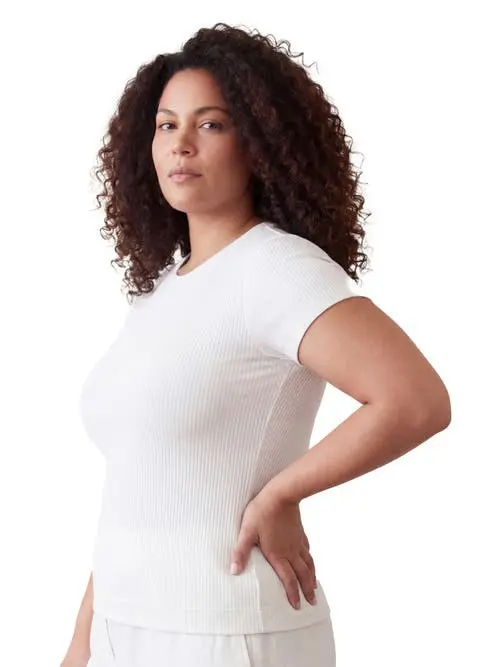 24SEVEN COMFORT APPAREL Ribbed Knit Round Neck Short Sleeve Top - White