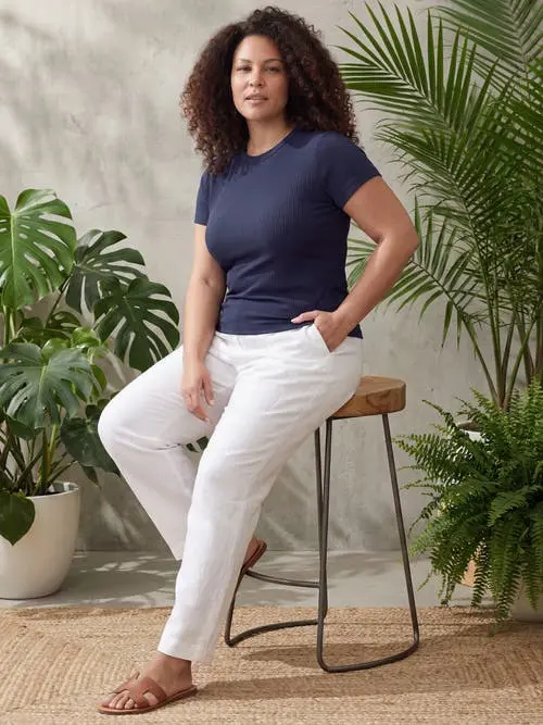 24SEVEN COMFORT APPAREL Ribbed Knit Round Neck Short Sleeve Top - White