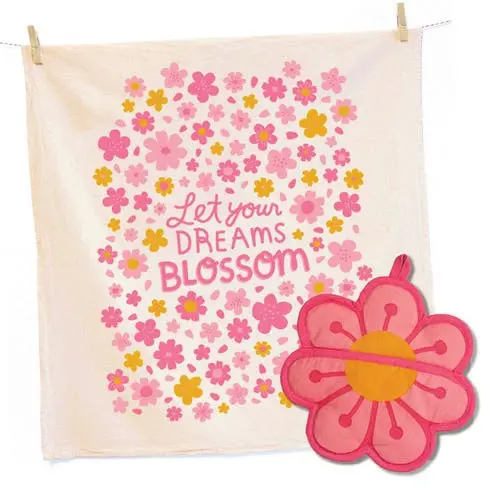 THE NEIGHBORGOODS Blossom Tea Towel And Pot Holder Set - Pink
