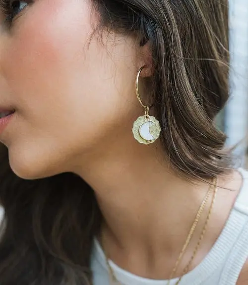 MATR BOOMIE Sikka Coin Dangle Hoop Earrings With Mother Of Pearl Crescent Moon Charm