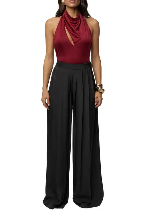 JLUXLABEL Halter Neck Bodysuit With Draped Crossover - Burgundy