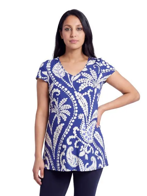 24SEVEN COMFORT APPAREL Maternity Basic Paisley Print V-neck Short Sleeve Flared Tunic Top - Blue Multi