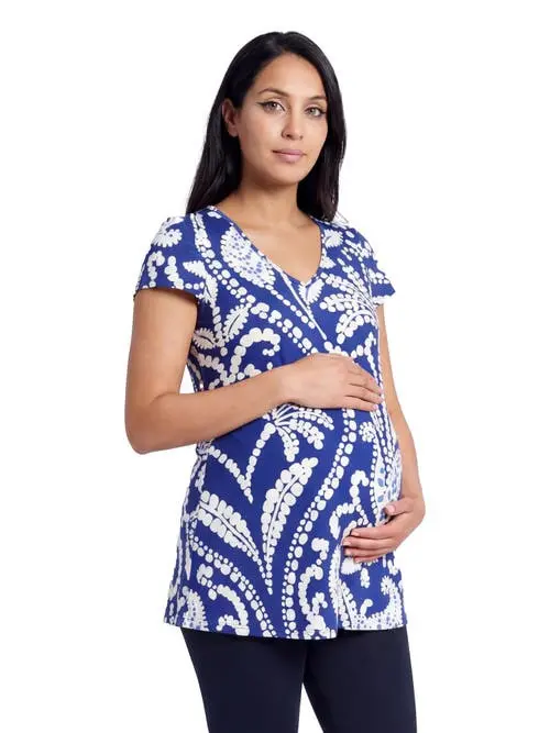 24SEVEN COMFORT APPAREL Maternity Basic Paisley Print V-neck Short Sleeve Flared Tunic Top