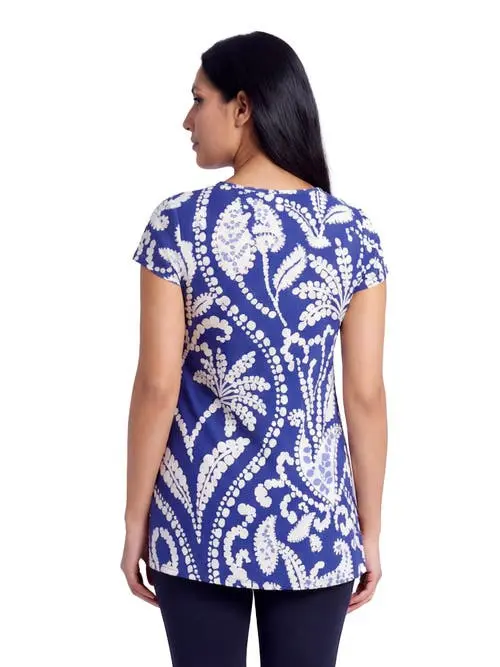 24SEVEN COMFORT APPAREL Maternity Basic Paisley Print V-neck Short Sleeve Flared Tunic Top