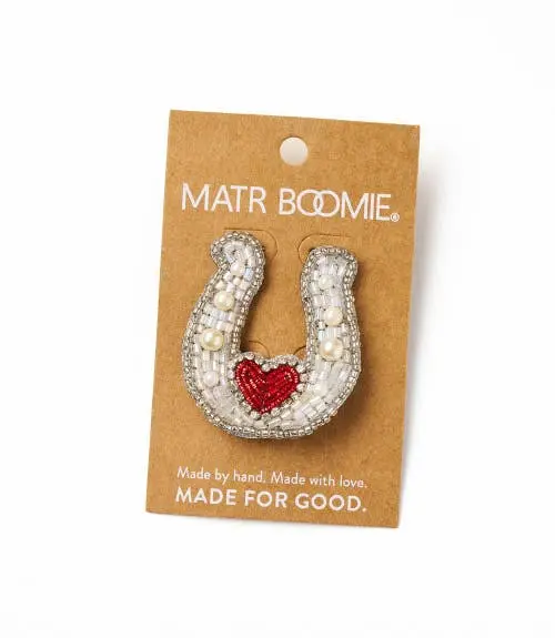 MATR BOOMIE Beaded Horseshoe Brooch Pin With Heart And Pearl Accents