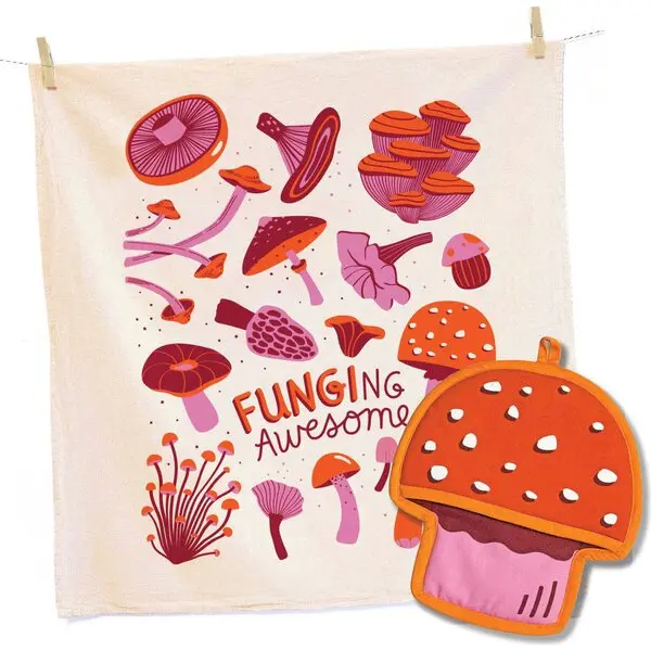 THE NEIGHBORGOODS Mushroom Tea Towel And Pot Holder Set - Orange