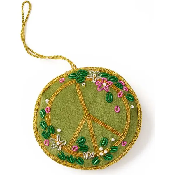 MATR BOOMIE Larissa Plush Floral Peace Sign Beaded Fabric Ornamentembroidered - Green