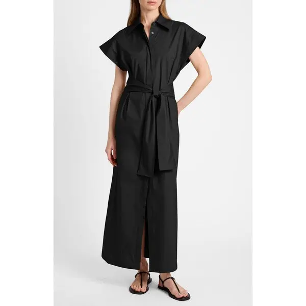 Santorelli Nisa Cap Sleeve Cotton Stretch Maxi Shirt Dress - Black