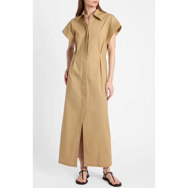 Santorelli Nisa Cap Sleeve Cotton Stretch Maxi Shirt Dress - Chai
