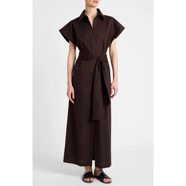 Santorelli Nisa Cap Sleeve Cotton Stretch Maxi Shirt Dress - Coffee