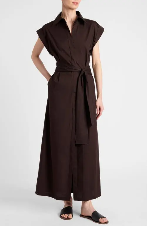 Santorelli Nisa Cap Sleeve Cotton Stretch Maxi Shirt Dress - Coffee