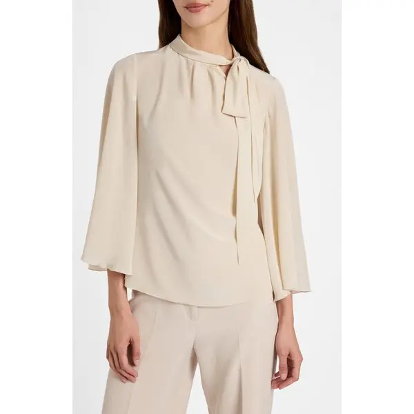 Santorelli Lena Tie Neck Blouse In Silk Crepe De Chine - Latte