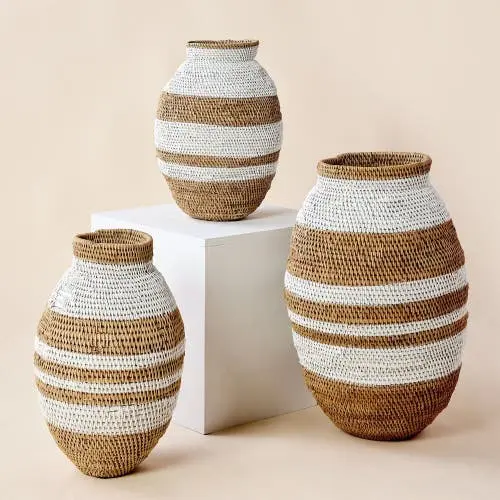 KANJU INTERIORS White Striped Buhera Basket - White - Small