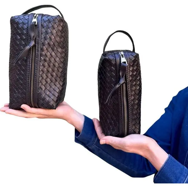 AMASOUK Woven Leather Makeup Bag - Black - Large