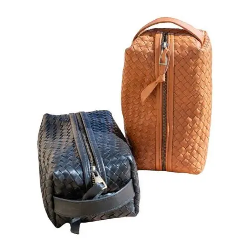 AMASOUK Woven Leather Makeup Bag - Saddle - Small