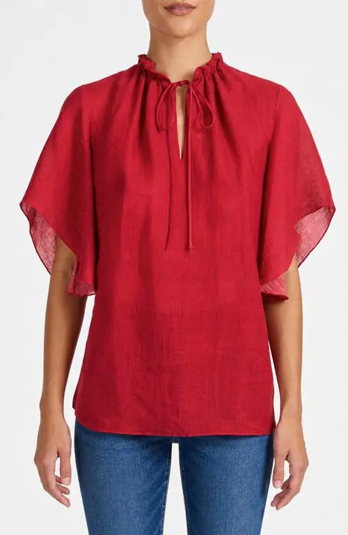 Santorelli Guita Flutter Sleeve Blouse In Floral Linen Blend